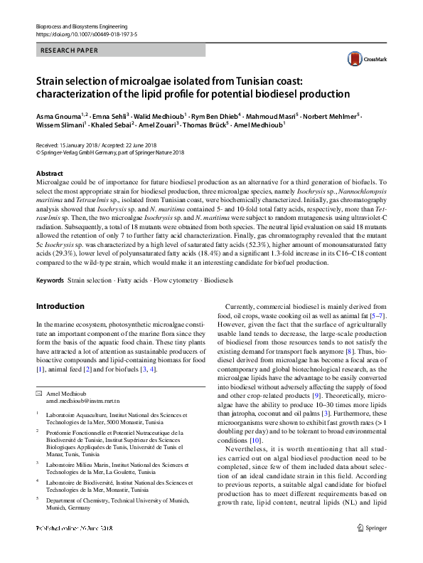 (PDF) Strain selection of microalgae isolated from Tunisian coast: characterization of the lipid ...