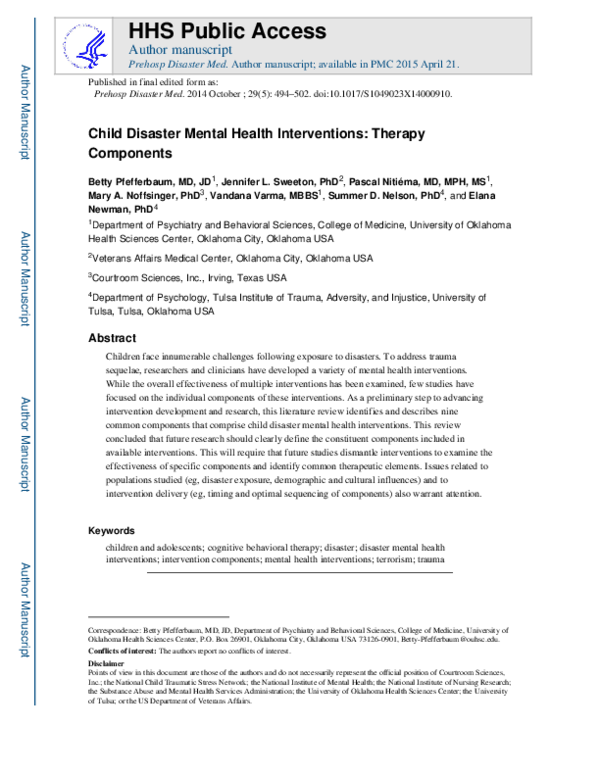 (PDF) Child Disaster Mental Health Interventions: Therapy Components