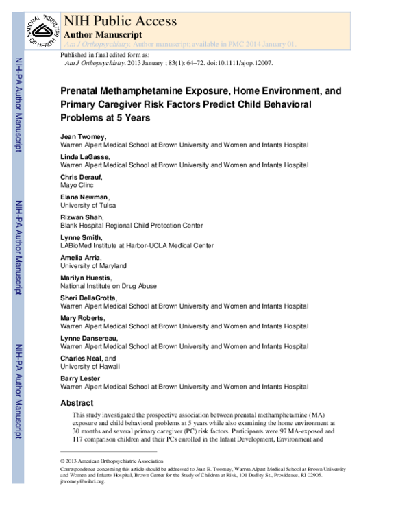 (PDF) Prenatal methamphetamine exposure, home environment, and primary ...
