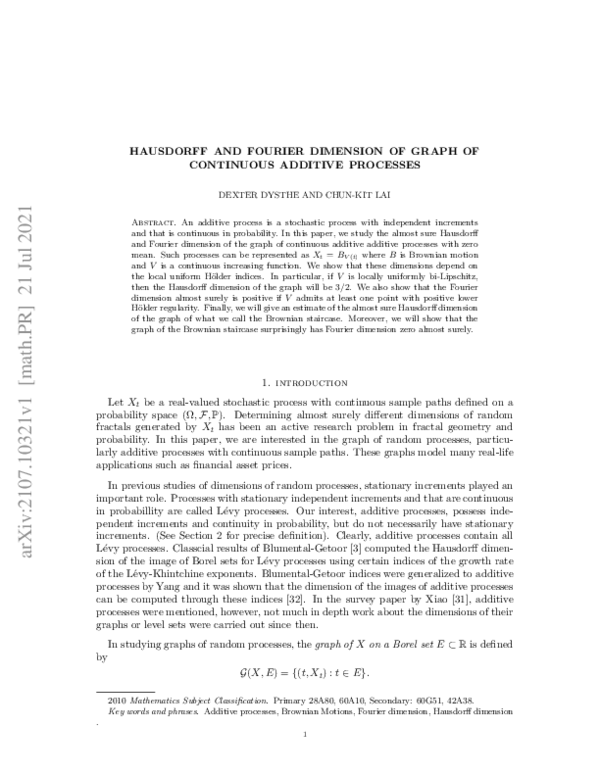 (PDF) Hausdorff and Fourier dimension of graph of continuous additive processes