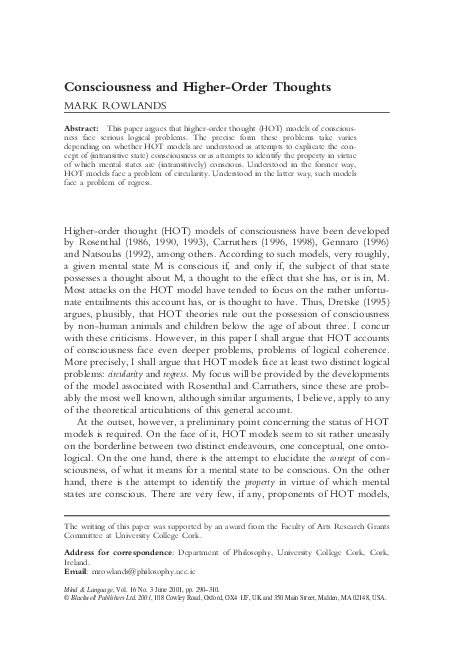 (PDF) Consciousness and Higher-Order Thoughts