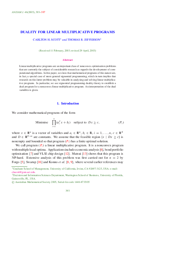 Pdf Duality For Linear Multiplicative Programs Carlton Scott