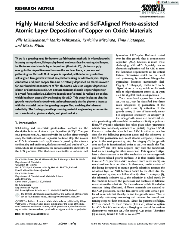 (PDF) Highly Material Selective and Self‐Aligned Photo‐assisted Atomic Layer Deposition of ...