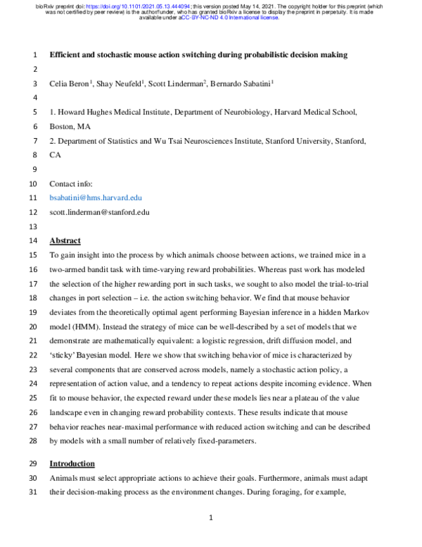 (PDF) Mice exhibit stochastic and efficient action switching during ...