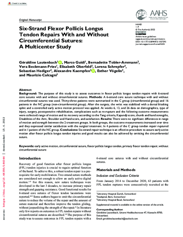 (PDF) Six-Strand Flexor Pollicis Longus Tendon Repairs With and Without ...
