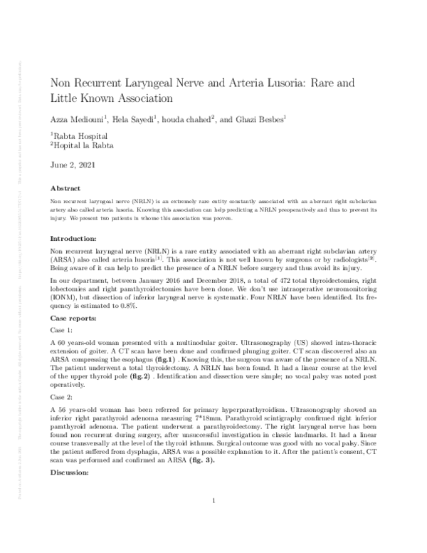 (PDF) Non Recurrent Laryngeal Nerve and Arteria Lusoria: Rare and ...