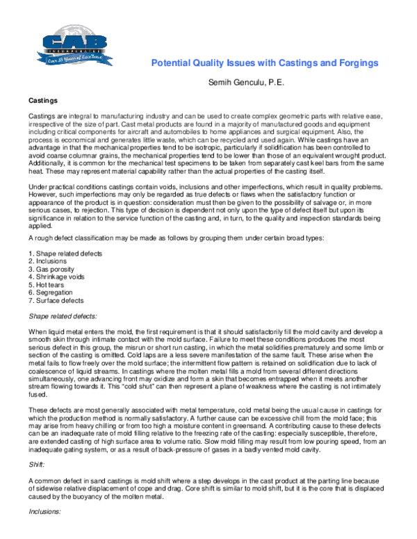 (PDF) Potential Quality Issues with Castings and Forgings