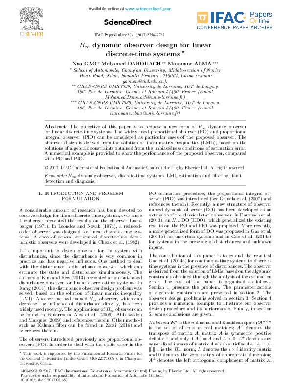 Pdf H ∞ Dynamic Observer Design For Linear Discrete Time Systems This Work Is Supported By