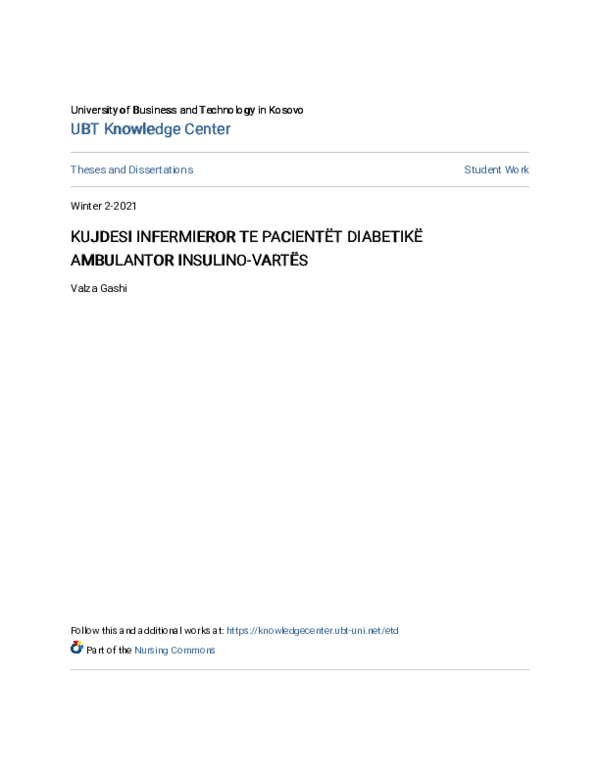 (PDF) Kujdesi Infermieror Te Pacientët Diabetikë Ambulantor Insulino-Vartës