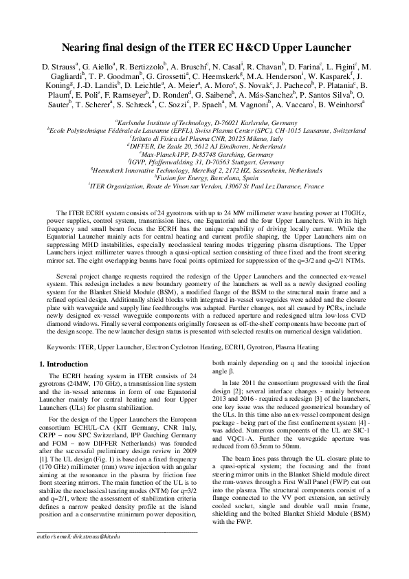 (PDF) Nearing final design of the ITER EC H&CD Upper Launcher