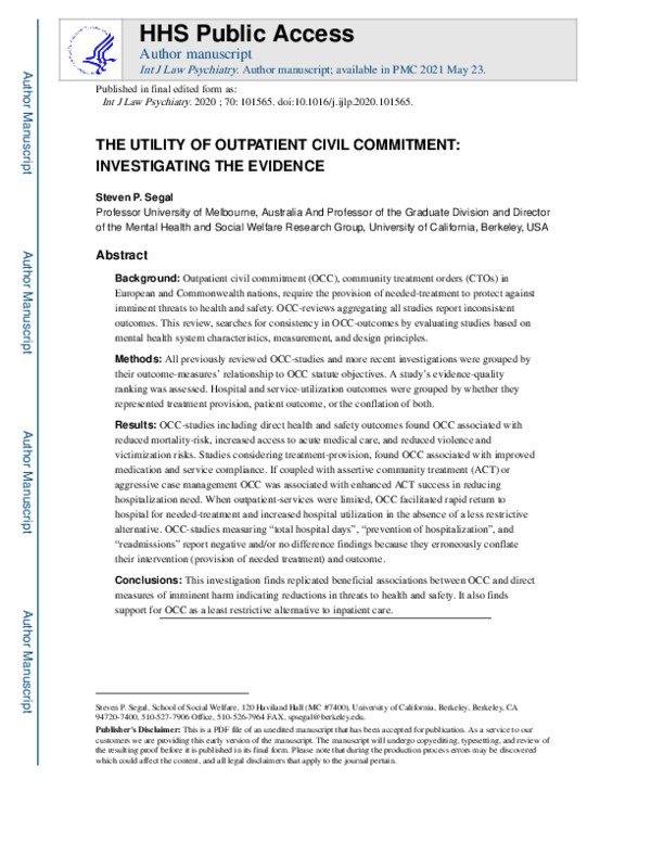 (PDF) The utility of outpatient civil commitment: Investigating the ...