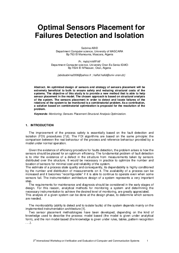 (PDF) Optimal Sensors Placement for Failures Detection and Isolation