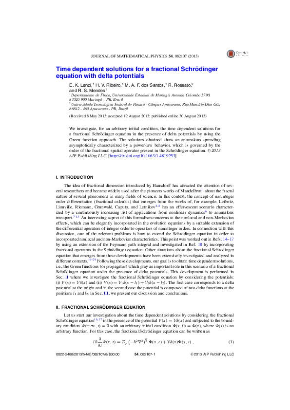 (PDF) Time dependent solutions for a fractional Schrödinger equation ...