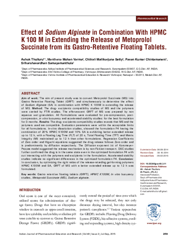 (PDF) Effect of Sodium alginate in Combination With HPMC K 100 M in ...