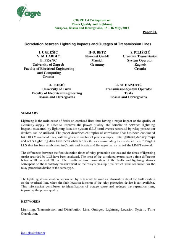(PDF) Correlation between Lightning Impacts and Outages of Transmission Lines