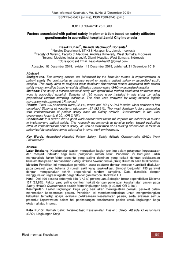 (PDF) Factors associated with patient safety implementation based on ...