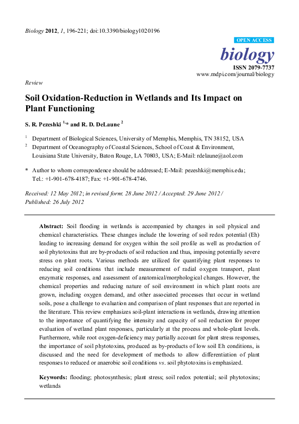 (PDF) Soil Oxidation-Reduction in Wetlands and Its Impact on Plant ...