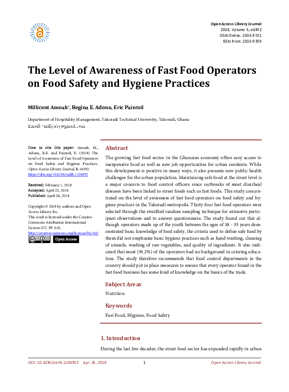 (PDF) The Level of Awareness of Fast Food Operators on Food Safety and ...