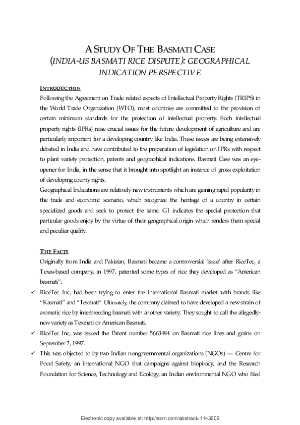 (PDF) A Study of the Basmati Case (India-US Basmati Rice Dispute): The ...