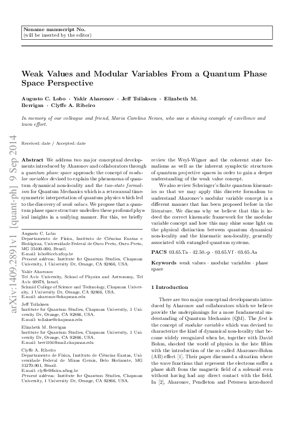 (PDF) Weak values and modular variables from a quantum phase-space perspective | jeff tollaksen ...