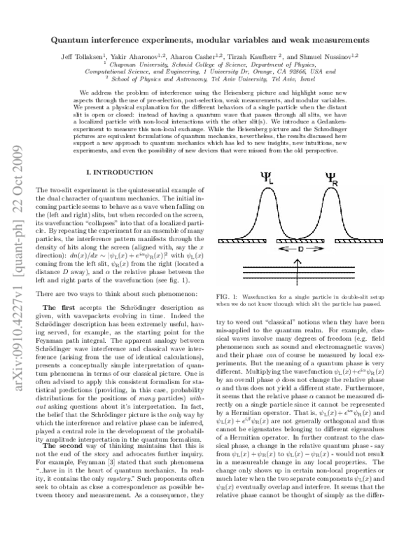 (PDF) Quantum interference experiments, modular variables and weak measurements