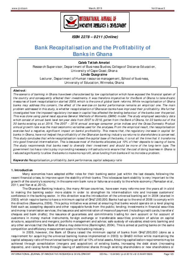 (PDF) Bank Recapitalisation and the Profitability of Banks in Ghana