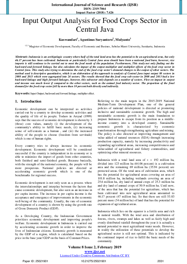 (PDF) Input Output Analysis for Food Crops Sector in Central Java | agustinus suryantoro ...