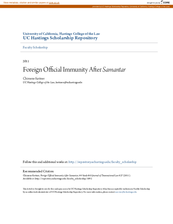 (PDF) Foreign Official Immunity After \u3cem\u3eSamantar\u3c/em\u3e ...