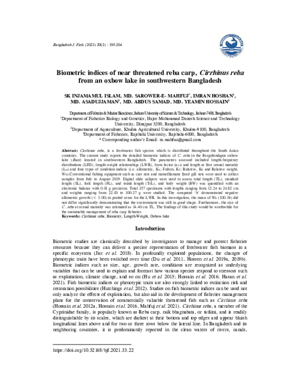 (PDF) Biometric indices of near threatened reba carp, Cirrhinus reba ...