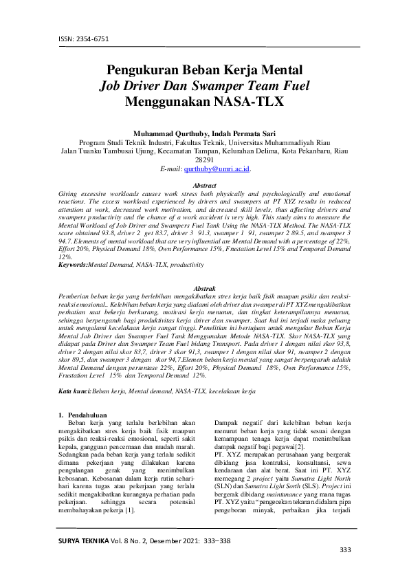 (PDF) Pengukuran Beban Kerja Mental Job Driver Dan Swamper Team Fuel ...