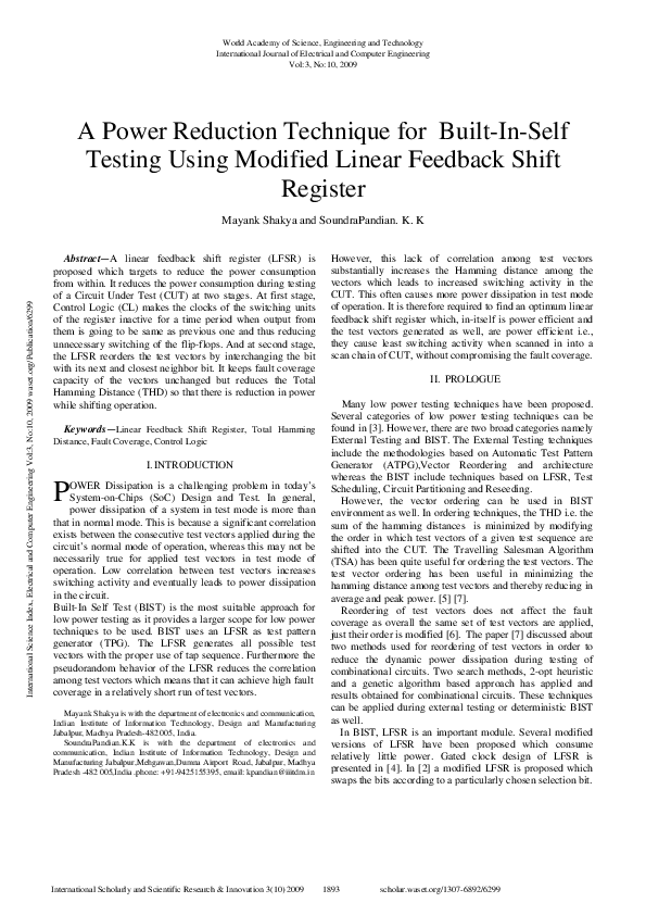 Pdf A Power Reduction Technique For Built In Self Testing Using Modified Linear Feedback Shift