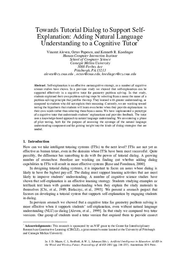 (PDF) Towards tutorial dialog to support self-explanation: Adding natural language understanding ...