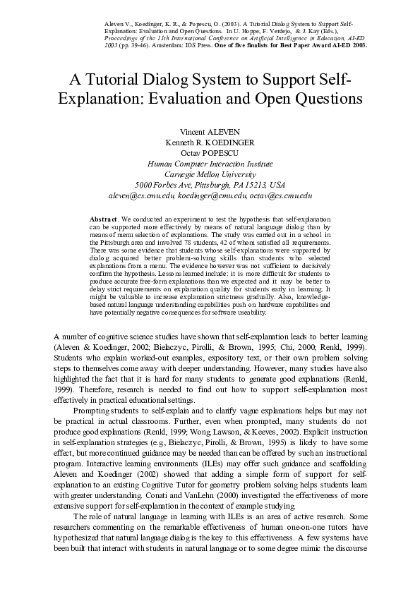 (PDF) A tutorial dialog system to support self-explanation: Evaluation and open questions ...