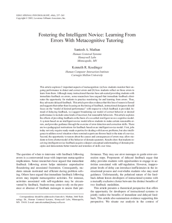 (PDF) Fostering the Intelligent Novice: Learning From Errors With Metacognitive Tutoring