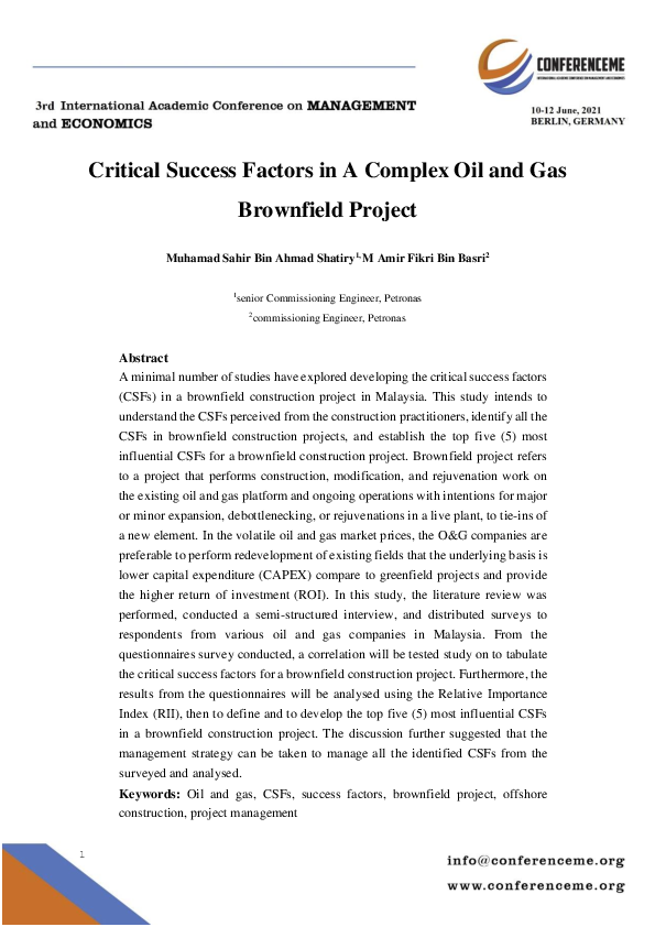 (PDF) Critical Success Factors in A Complex Oil and Gas Brownfield Project