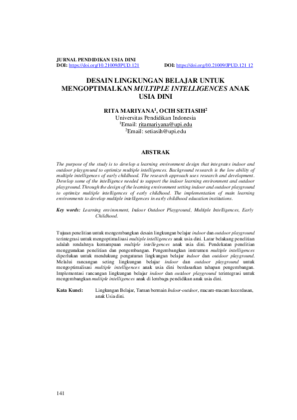 (PDF) Pengelolaan Lingkungan Belajar Indoor Outdoor Playground Berbasis Multiple Intelligences ...