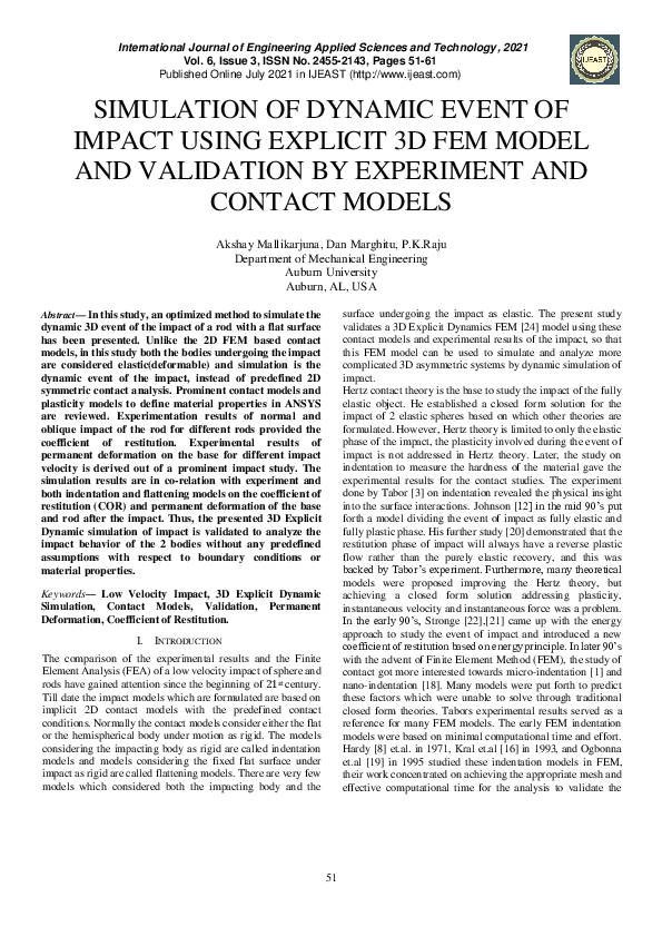 (PDF) Simulation of Dynamic Event of Impact Using Explicit 3D Fem Model ...
