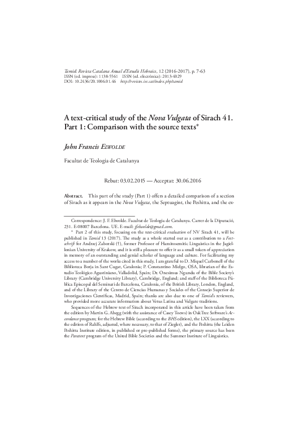 (PDF) A text-critical study of the Nova Vulgata of Sirach 41. Part 1 ...