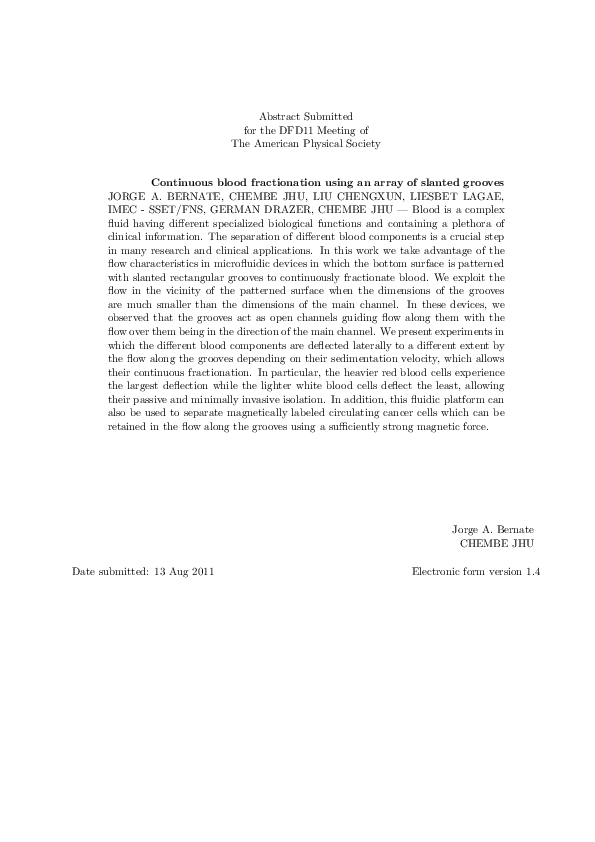 (PDF) Continuous blood fractionation using an array of slanted grooves ...