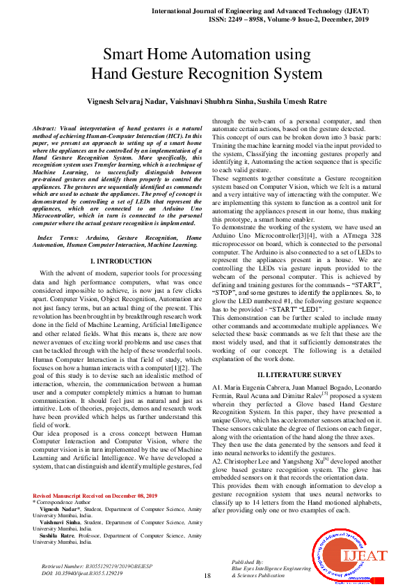 (PDF) Smart Home Automation using Hand Gesture Recognition System