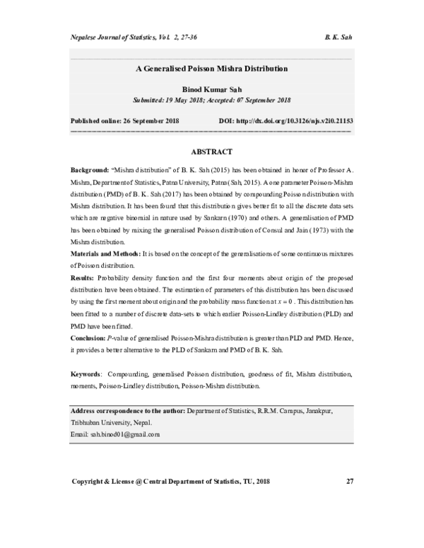 (PDF) A Generalised Poisson Mishra Distribution | Binod Sah - Academia.edu