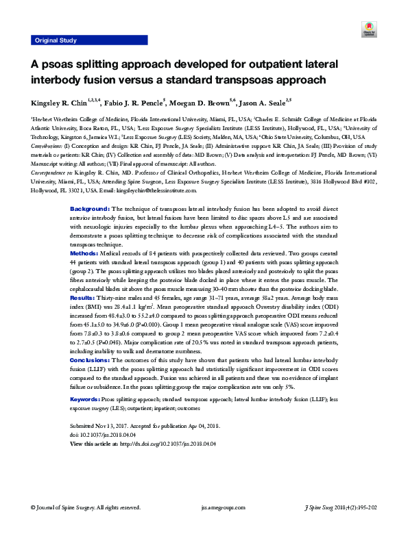 (PDF) A psoas splitting approach developed for outpatient lateral ...
