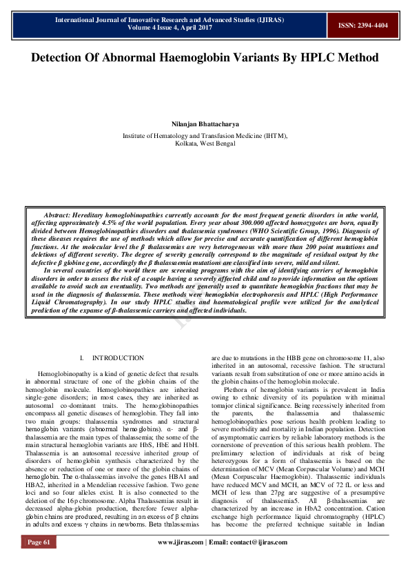 Pdf Detection Of Abnormal Haemoglobin Variants By Hplc Method