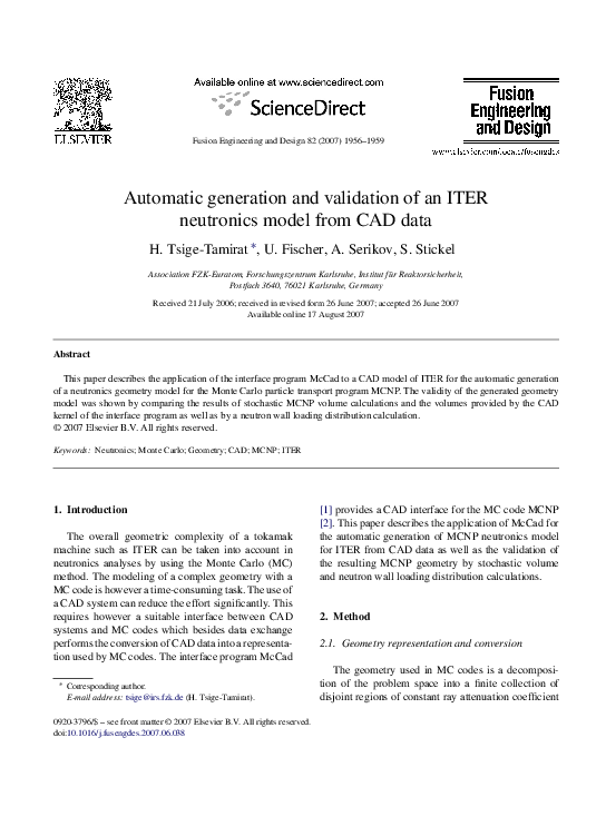 Pdf Automatic Generation And Validation Of An Iter Neutronics Model From Cad Data