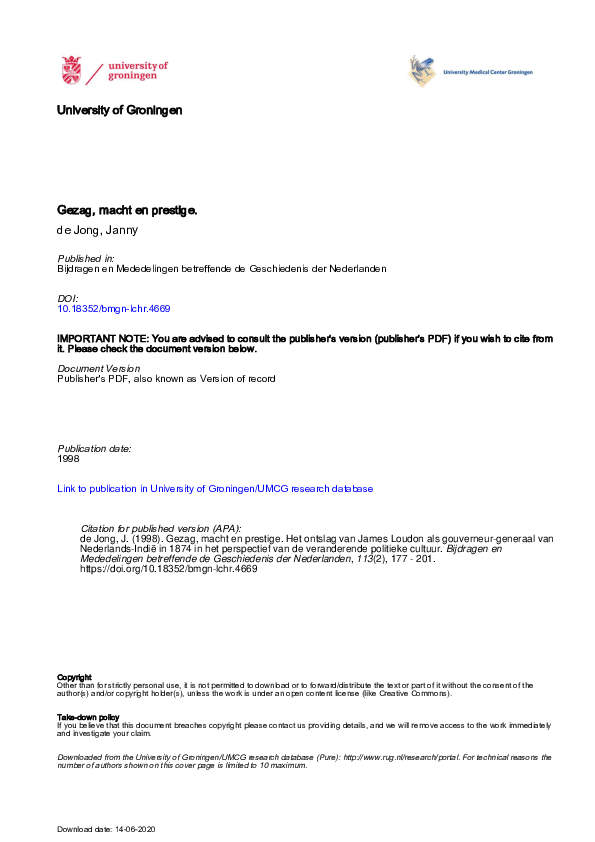 (PDF) Gezag, macht en prestige. Het ontslag van James Loudon als ...