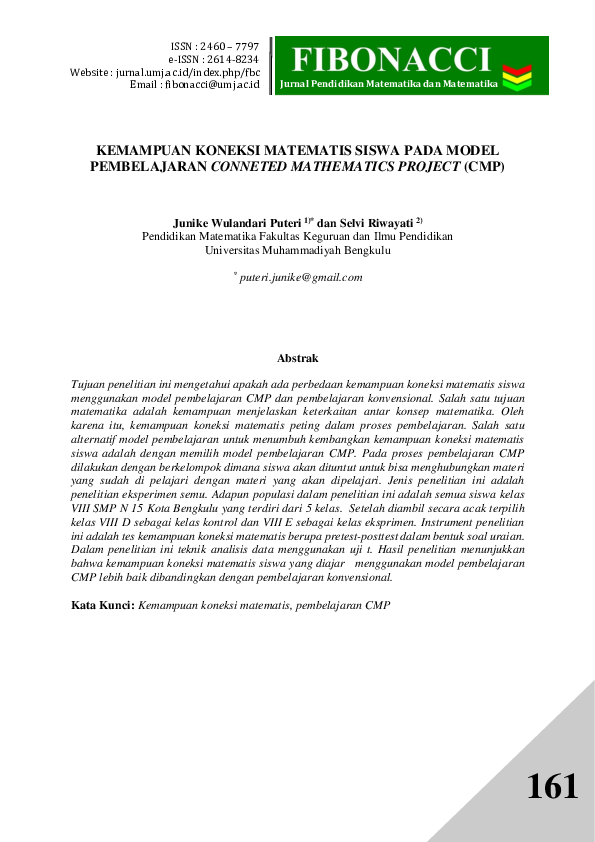(PDF) Kemampuan Koneksi Matematis Siswa Pada Model Pembelajaran Conneted Mathematics Project (CMP)