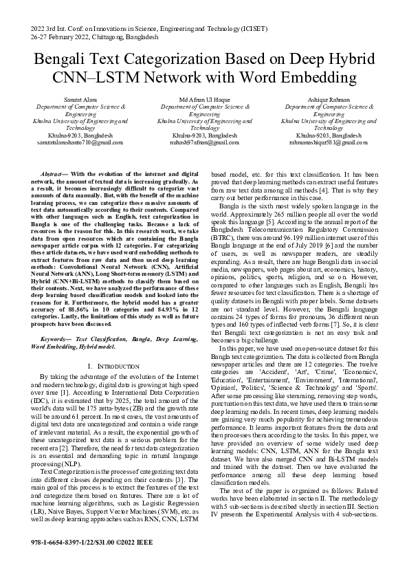Bengali Text Categorization Based On Deep Hybrid Cnn Lstm Network With Word Embedding