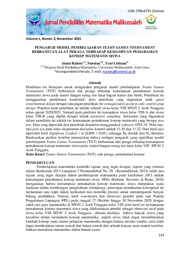 (PDF) Pengaruh Model Pembelajaran Teams Games Tournament Berbantuan Alat Peraga Terhadap ...
