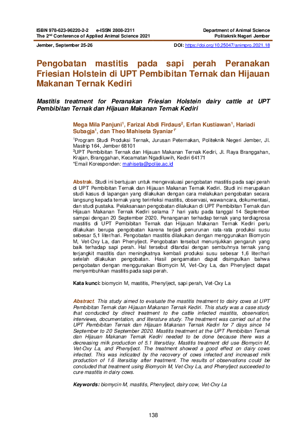 (PDF) Pengobatan mastitis pada sapi perah Peranakan Friesian Holstein ...