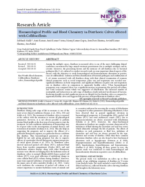 (PDF) Haematological profile and blood chemistry in diarrhoeic calves affected with colibacillosis